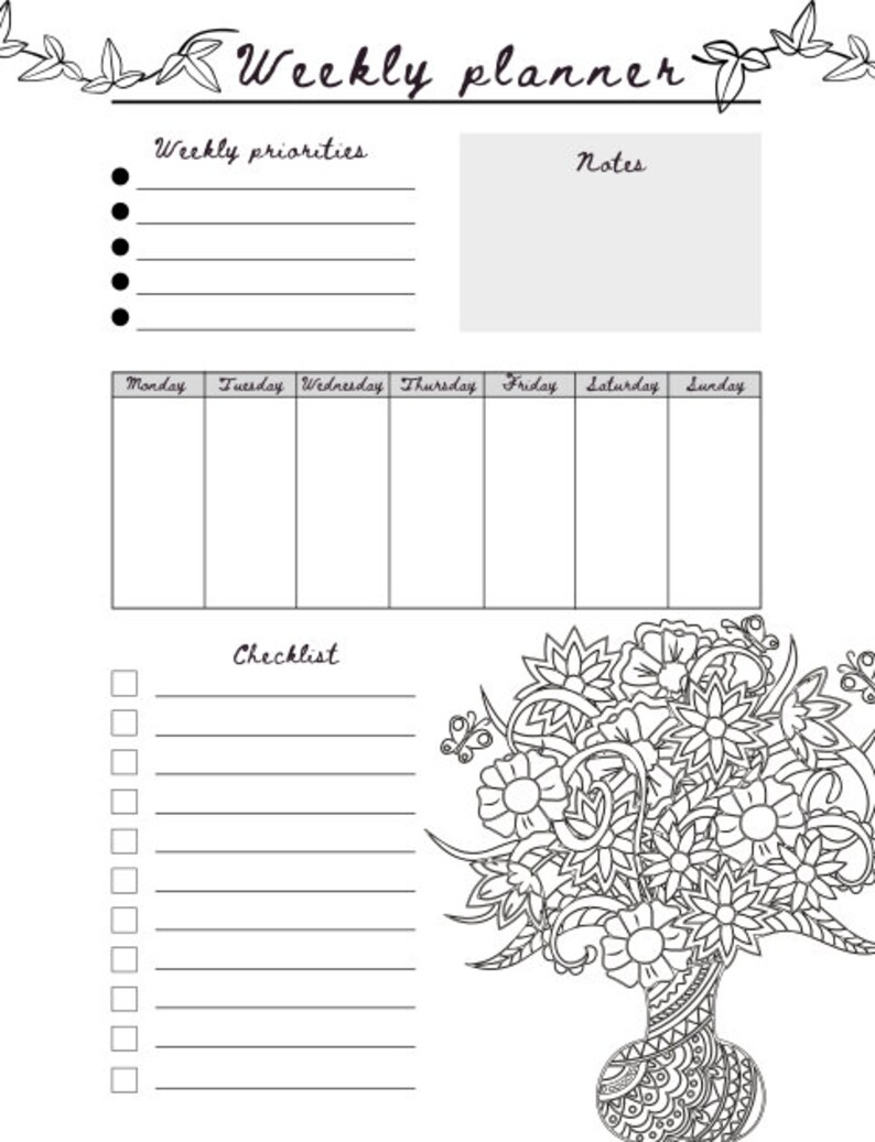 Colorable Weekly Planner: Floral Printable Agenda (letter & A5 ...