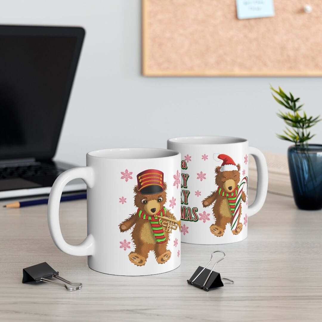 Christmas Sleepy Bear & Trumpet Teddy - White Ceramic Mug 12oz Candy ...