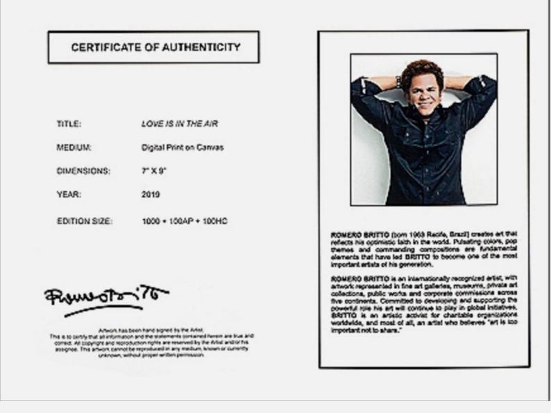 Romero Britto love in the Air Limited Edition Framed Canvas Digital ...