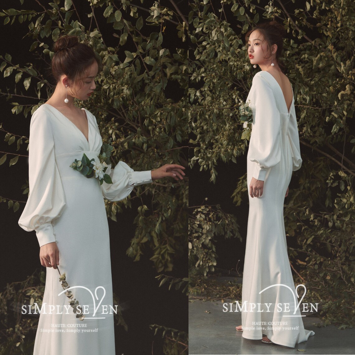 Puff Sleeves Minimalist Wedding Dress Mermaid Long Sleeve Casual ...
