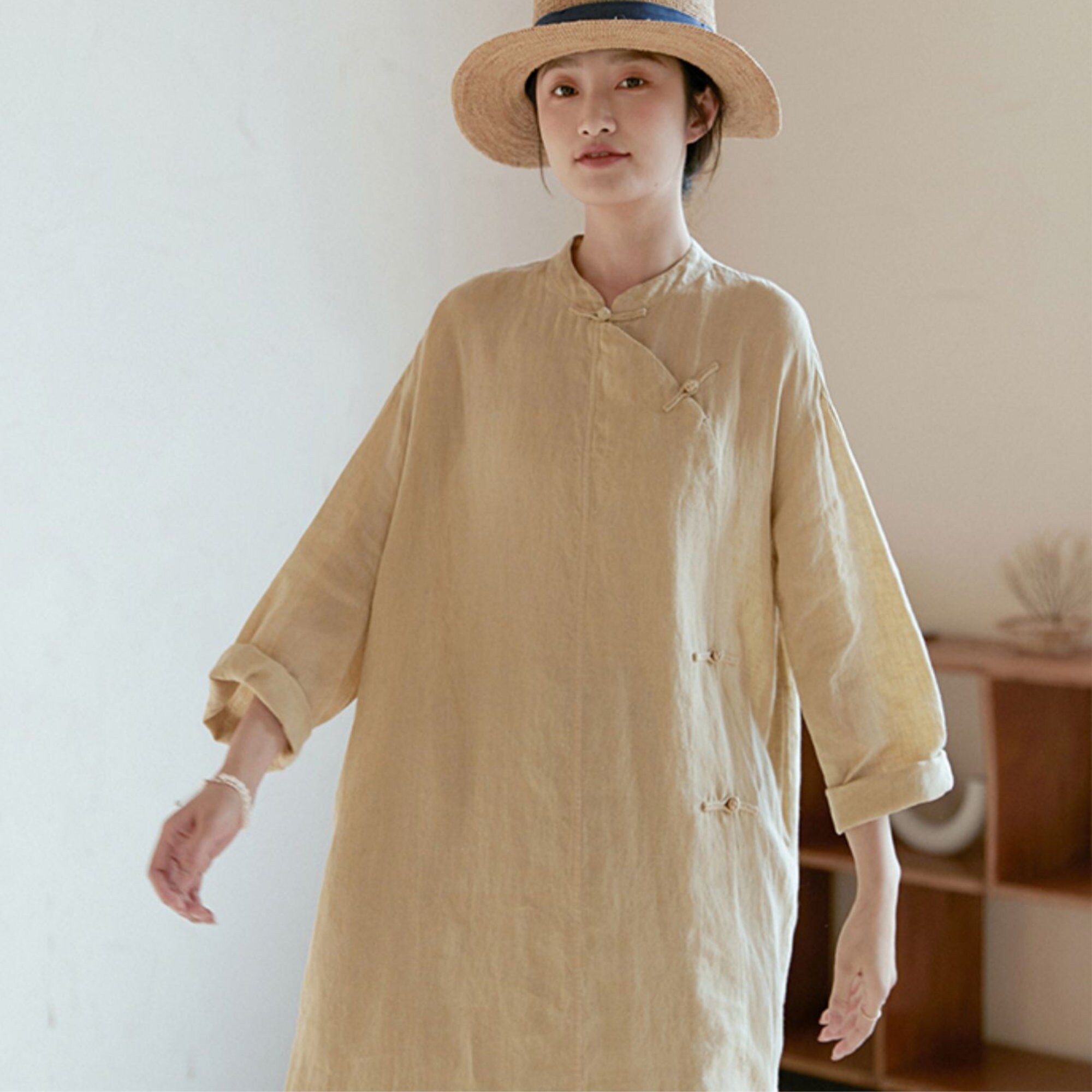 Modern Loose Fitting Qipao Dress Linen Cotton Hanfu Dress Chinese ...