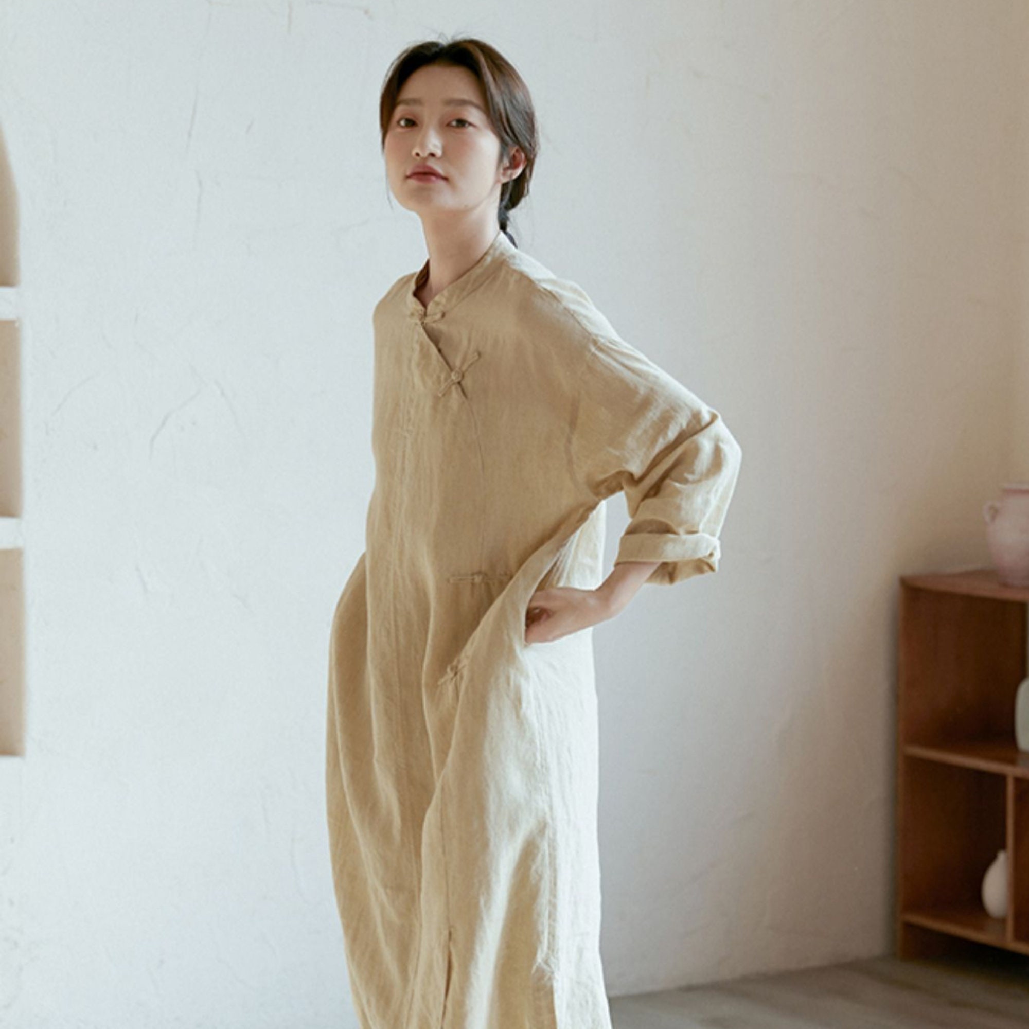 Modern Loose Fitting Qipao Dress Linen Cotton Hanfu Dress Chinese ...