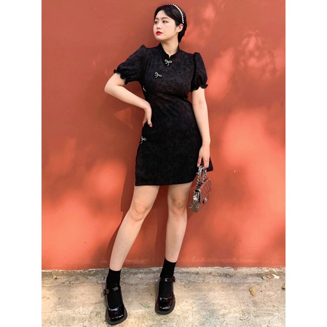 Black Modern Cheongsam Dress Mandarin Collar Traditional Chinese Dress ...