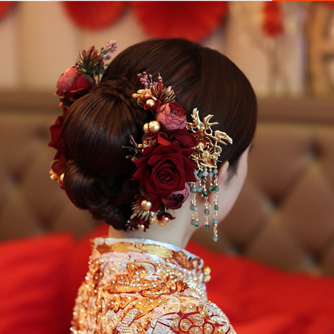 Traditional Chinese Hair Pin Red Bridal Headdress Wedding Metal Hair ...