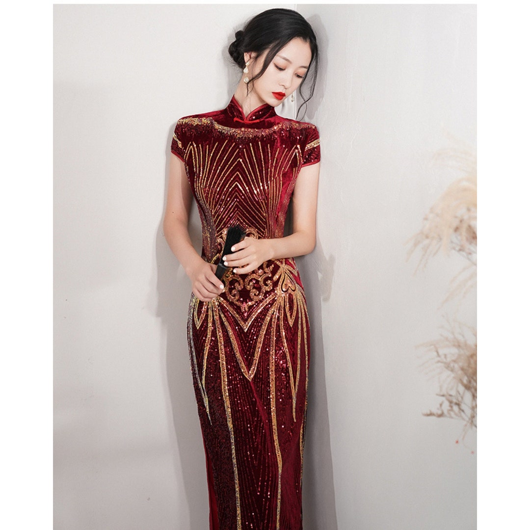 Embroidery Chinese Wedding Dress Mandarin Collar Chinese Dress Red ...