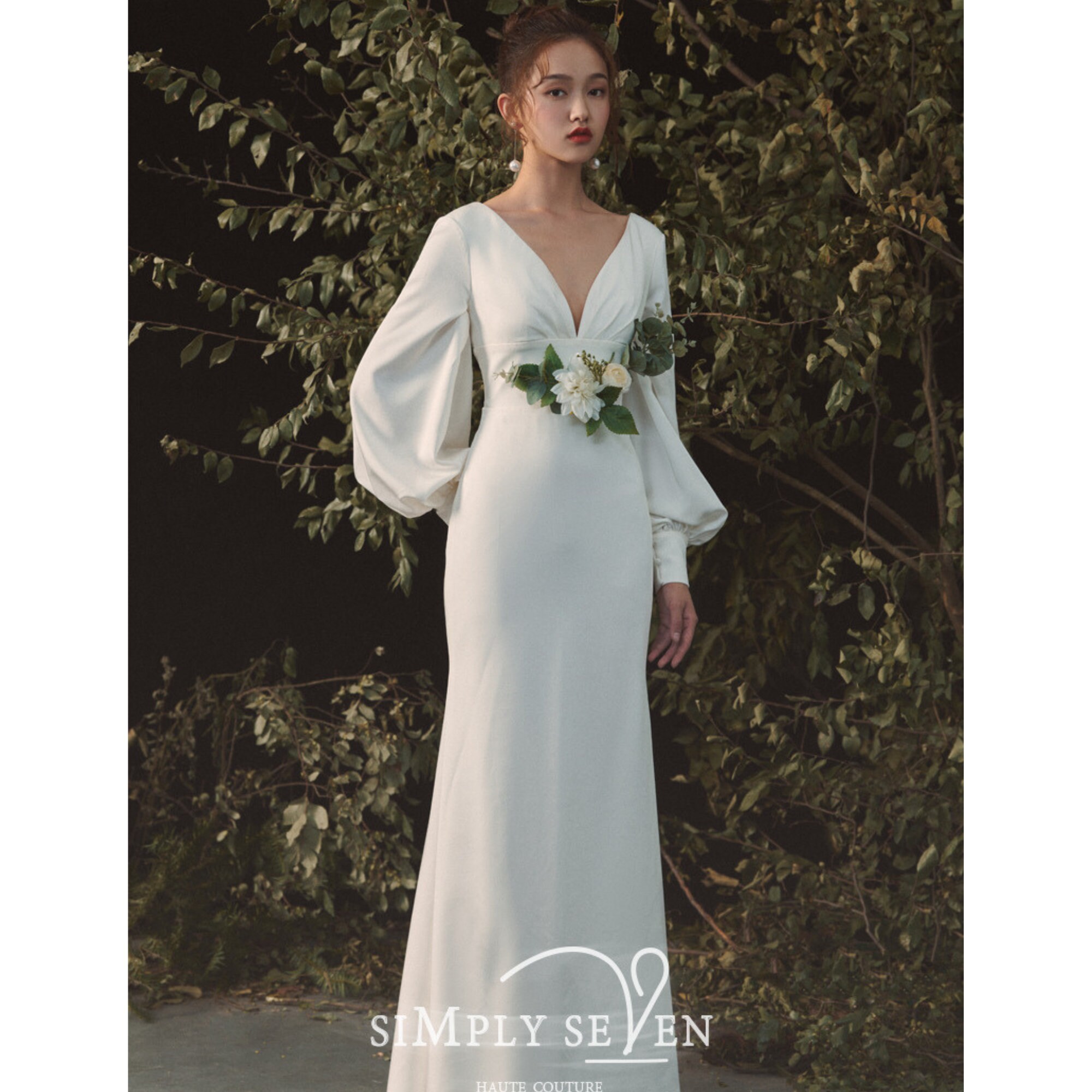 Puff Sleeves Minimalist Wedding Dress Mermaid Long Sleeve Casual ...