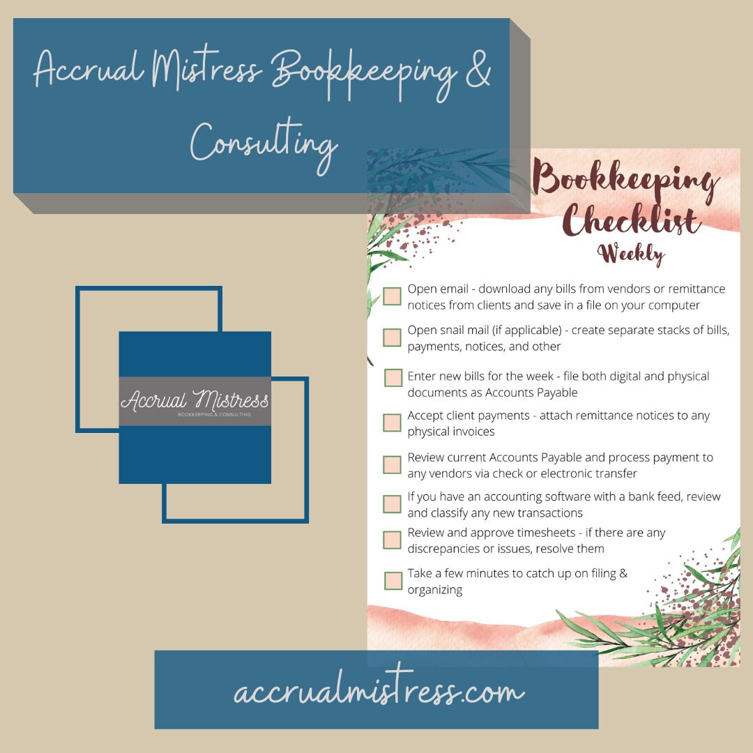 Printable Weekly Bookkeeping Checklist Pink & Olive | Etsy