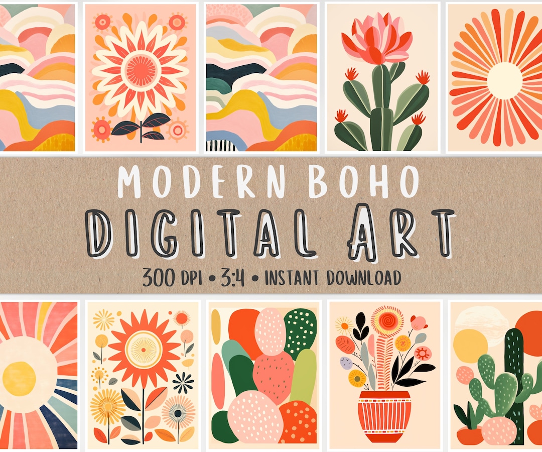 Boho Posters Digital Art Pack, Instant Download Modern Bohemian Bundle ...