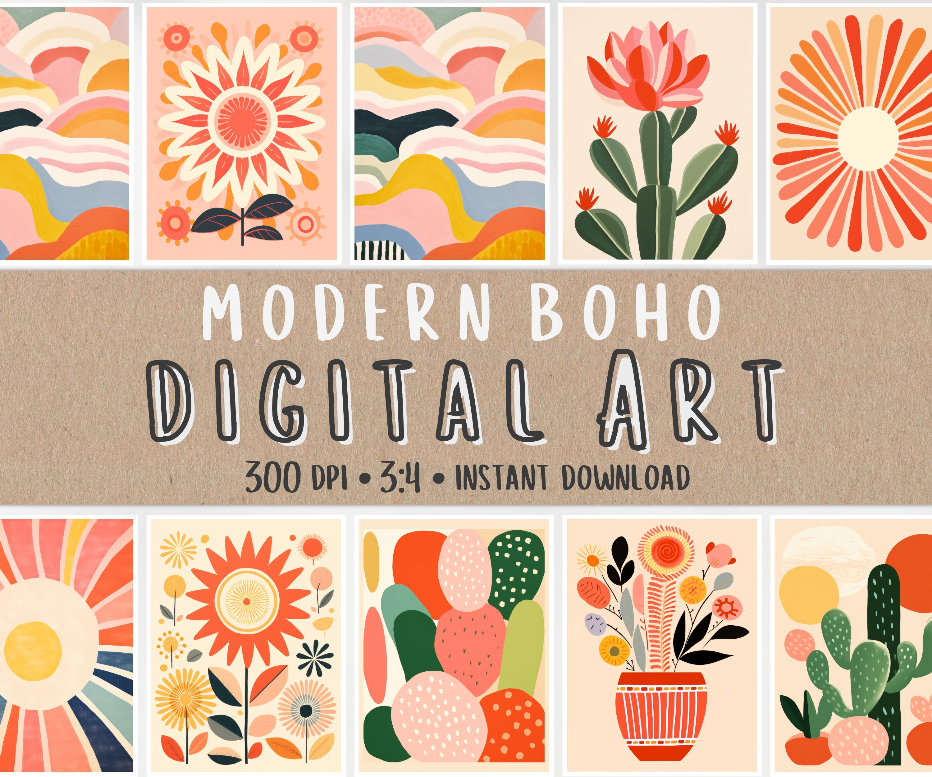 Boho Posters Digital Art Pack, Instant Download Modern Bohemian Bundle ...