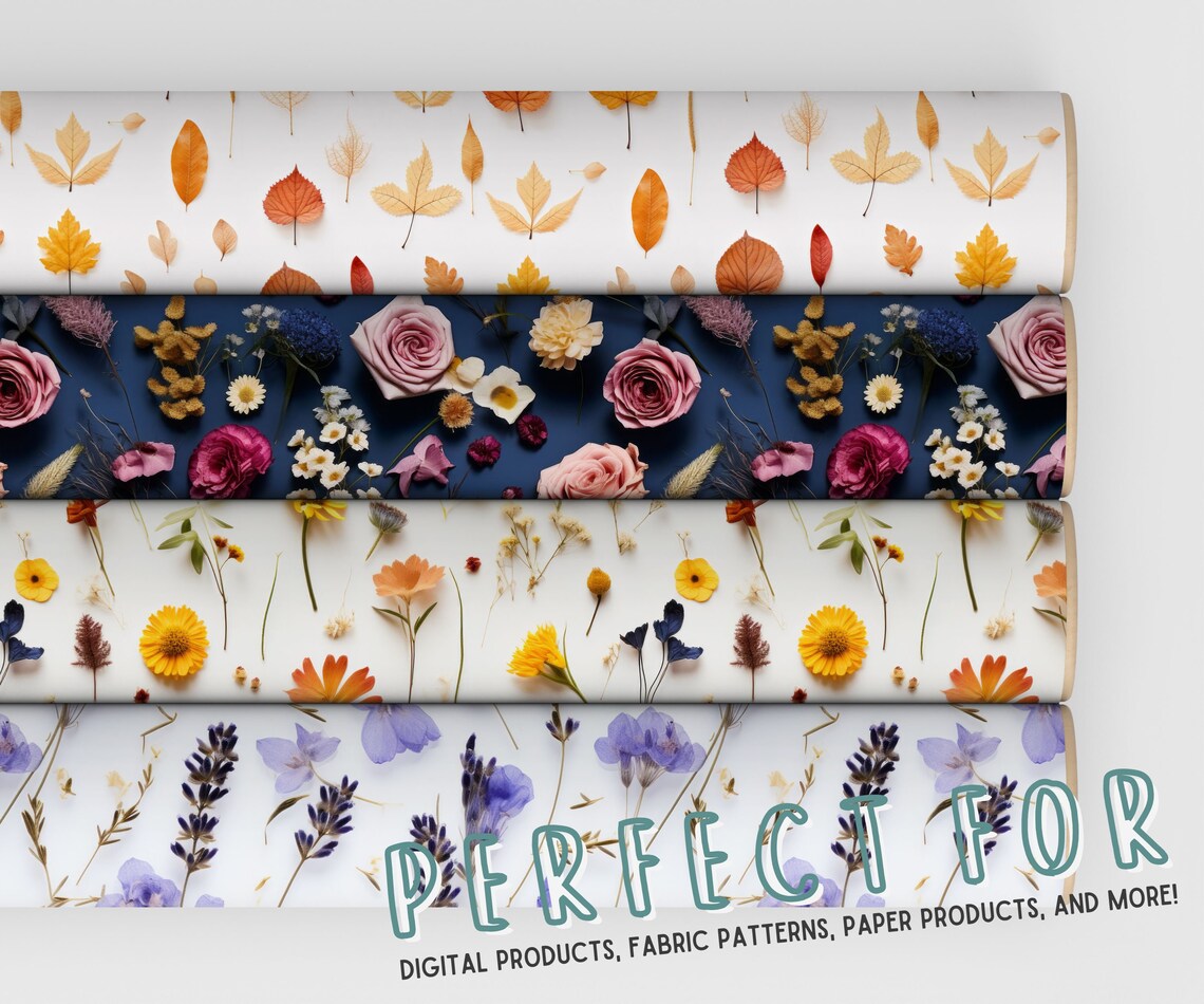 Pressed Flowers Digital Paper Pack, Dried Flowers Seamless Pattern ...