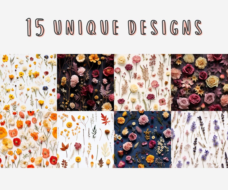 Pressed Flowers Digital Paper Pack, Dried Flowers Seamless Pattern ...