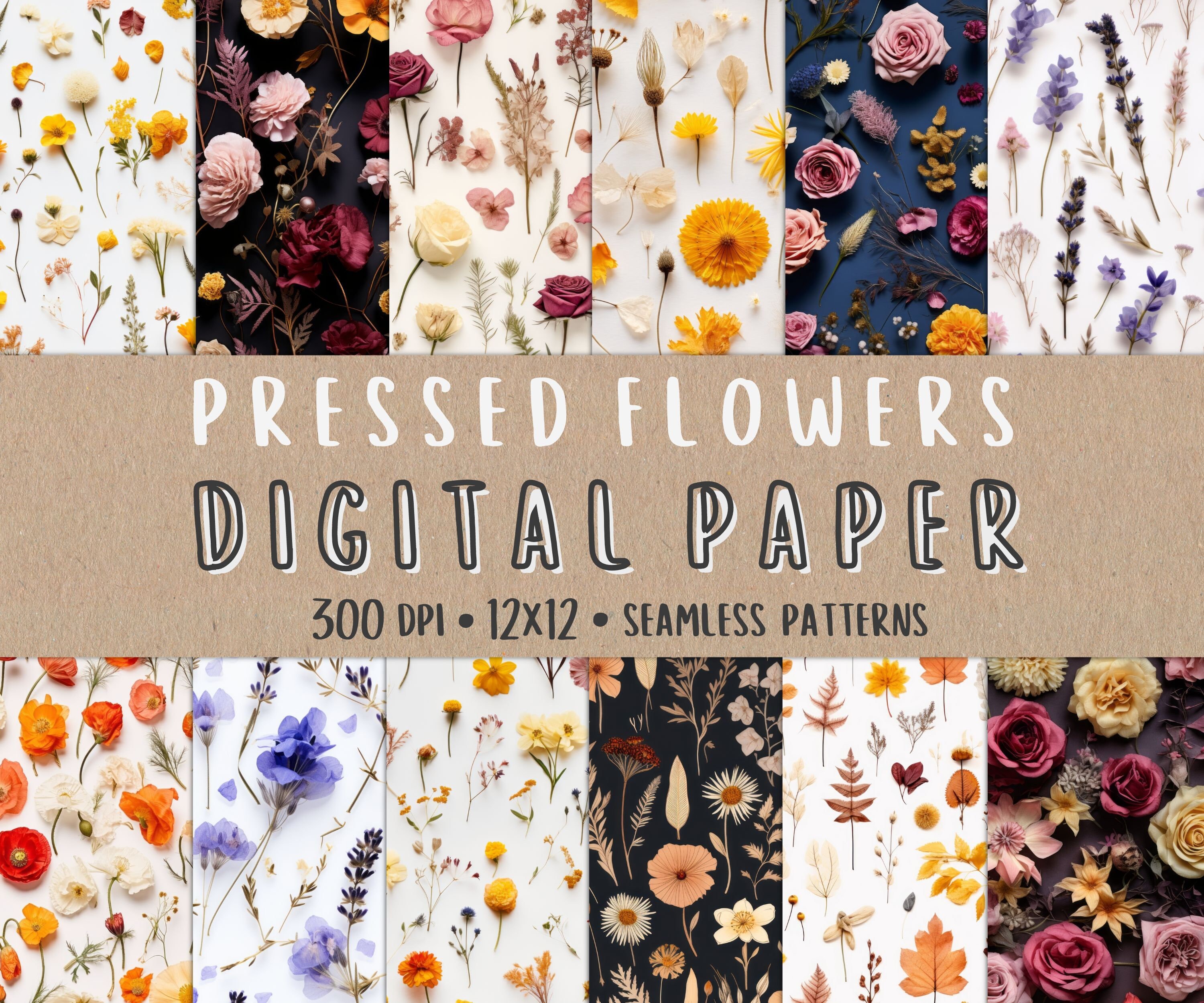 Pressed Flowers Digital Paper Pack, Dried Flowers Seamless Pattern ...