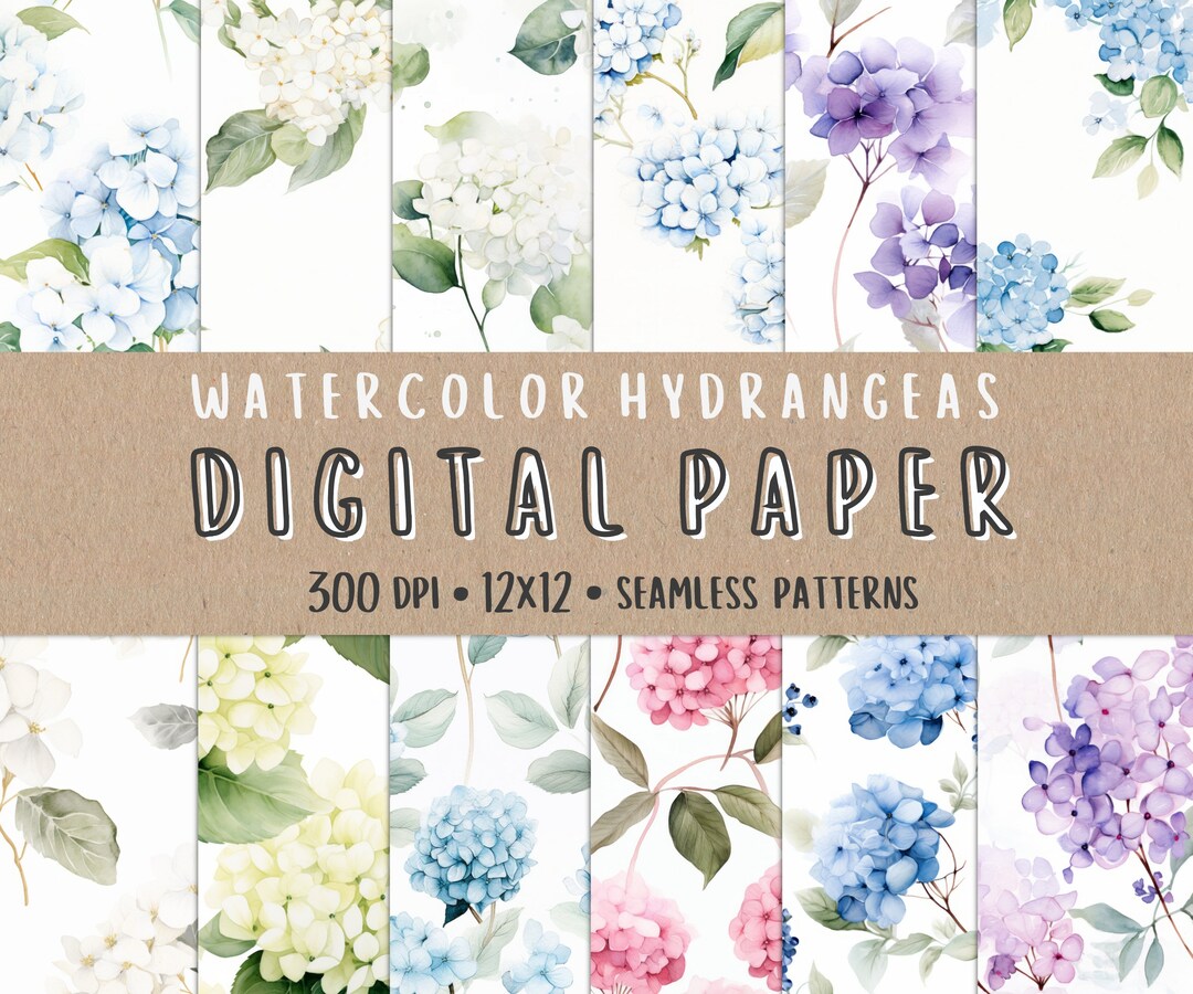 Watercolor Flowers Digital Paper Pack, Hydrangea Seamless Pattern ...
