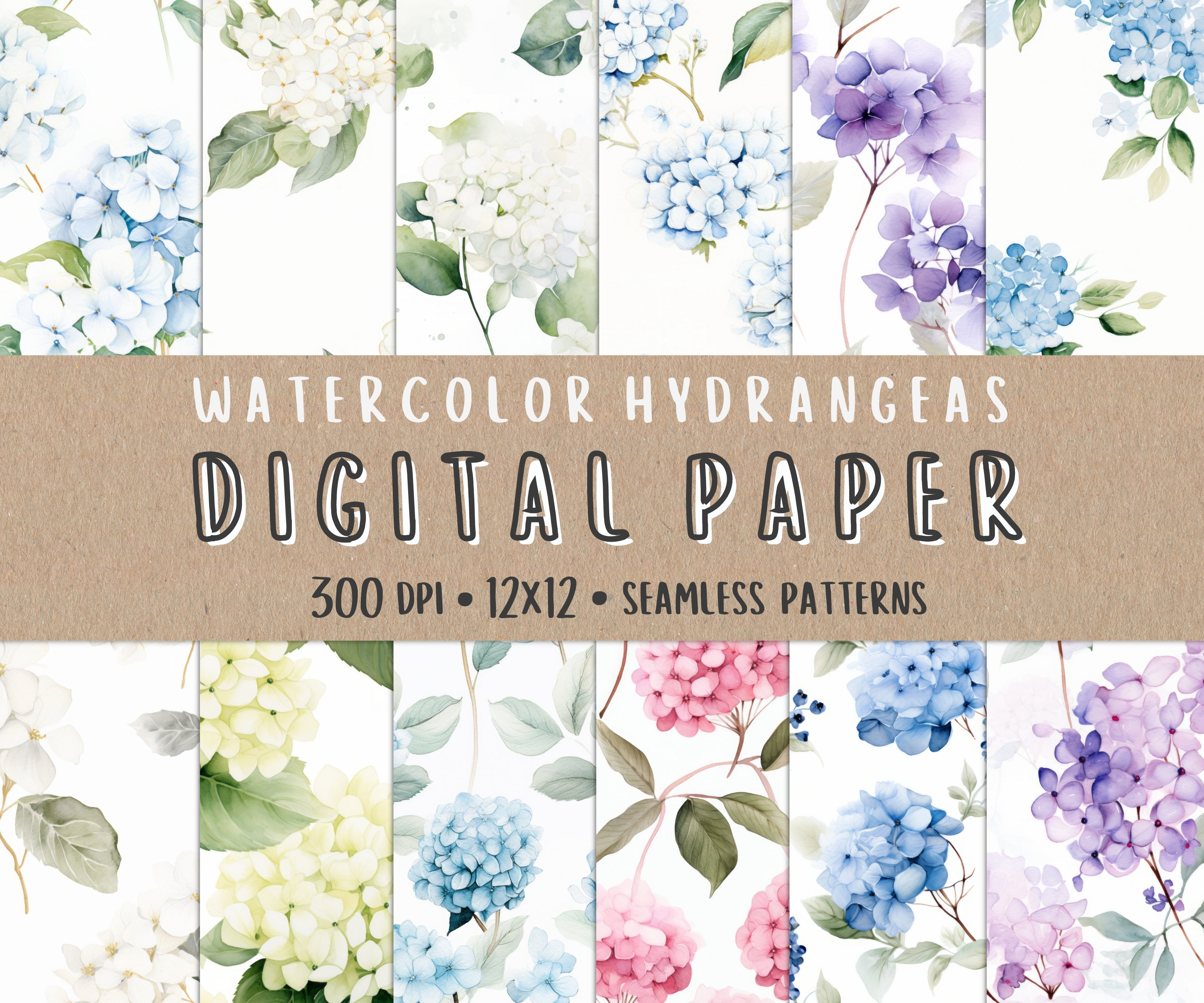 Watercolor Flowers Digital Paper Pack, Hydrangea Seamless Pattern ...