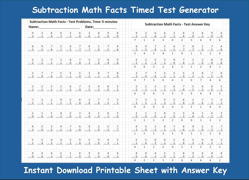 Subtraction Math Facts Timed Test - Etsy