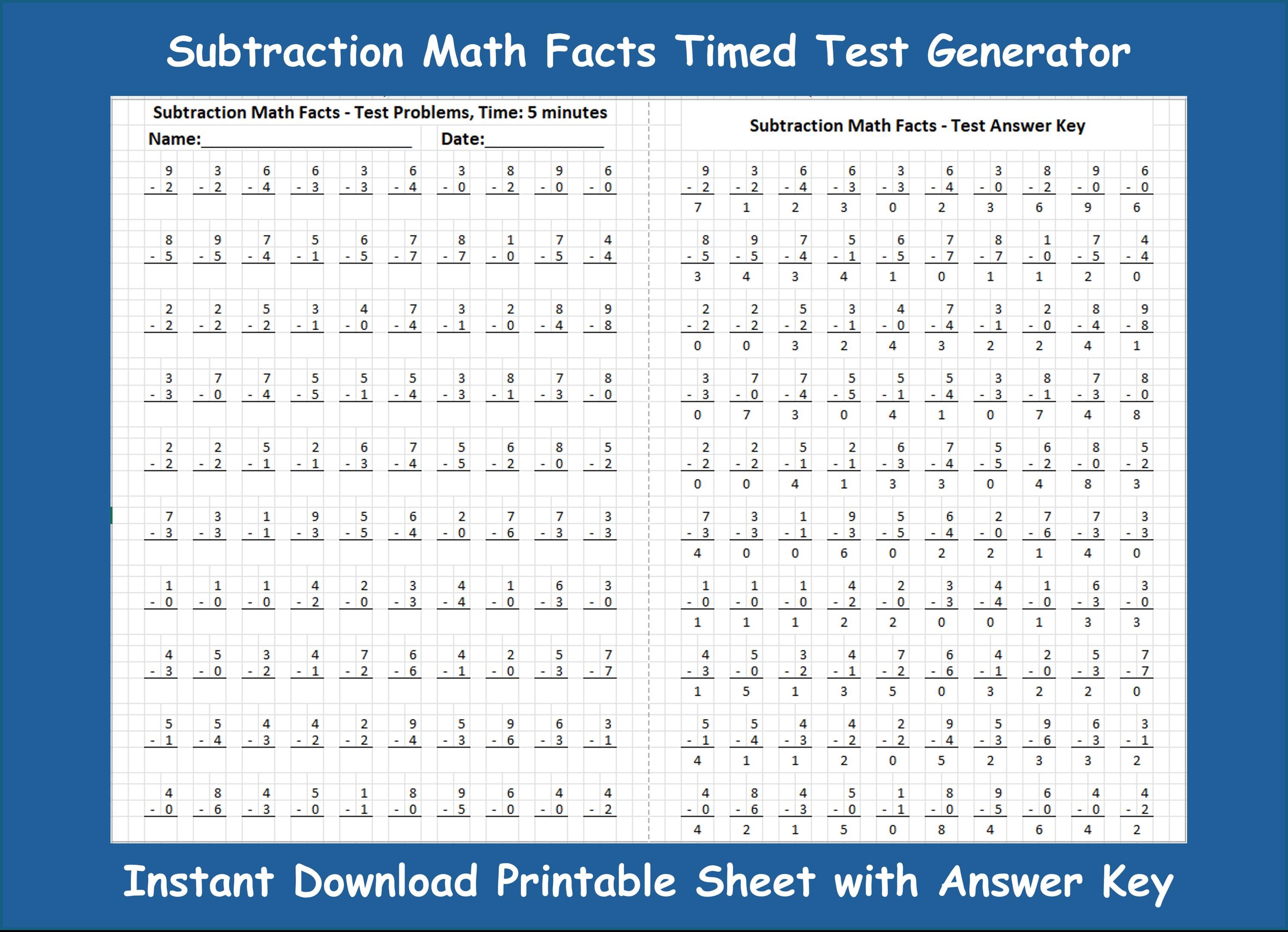 Subtraction Math Facts Timed Test - Etsy