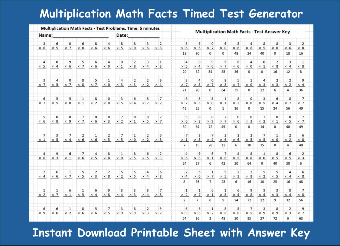 Multiplication Facts Timed Test - Etsy