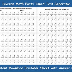 Division Math Facts Timed Test - Etsy