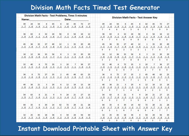 Division Math Facts Timed Test - Etsy