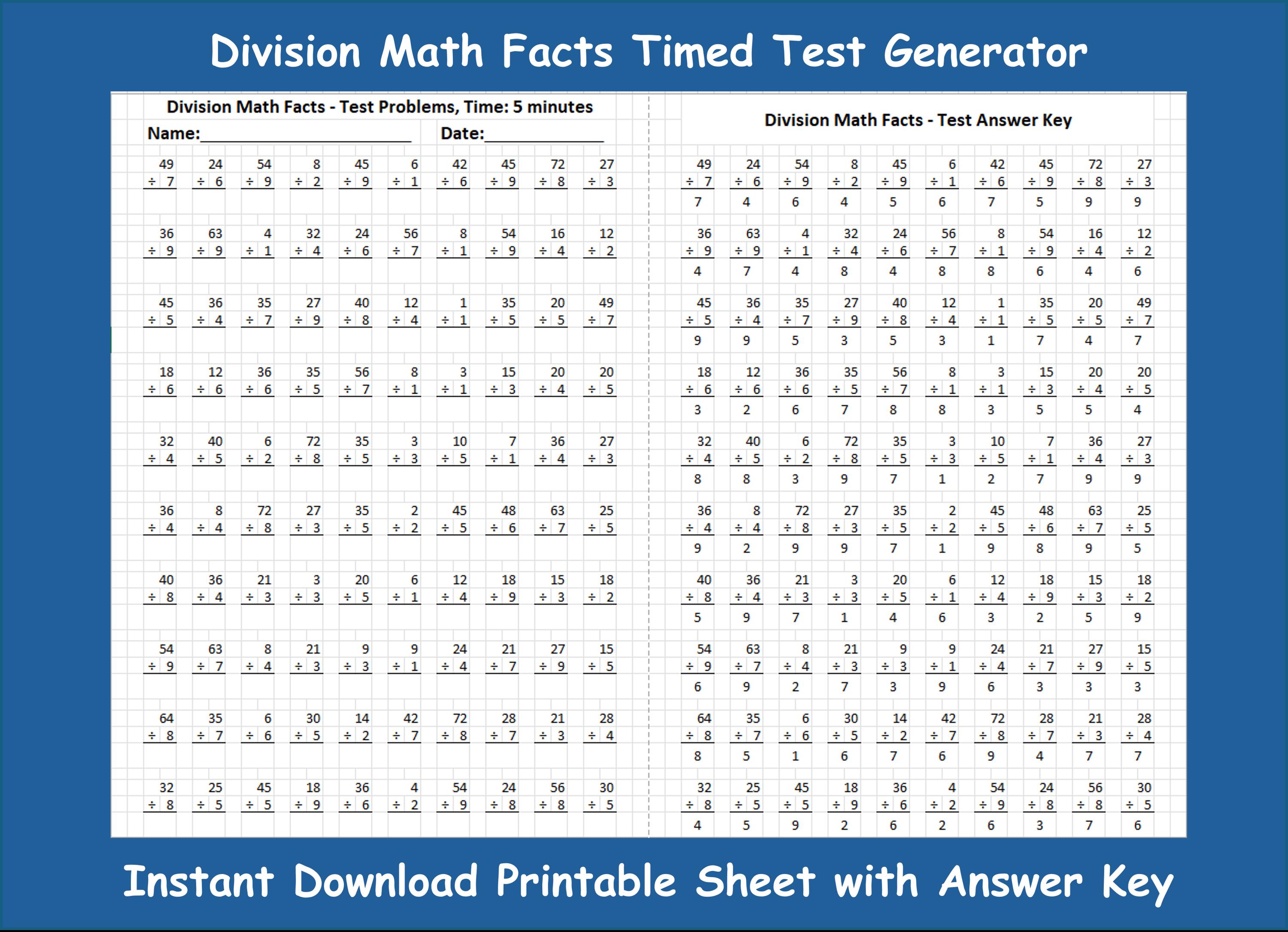 Division Timed Test Worksheets Math Multiplication And Division