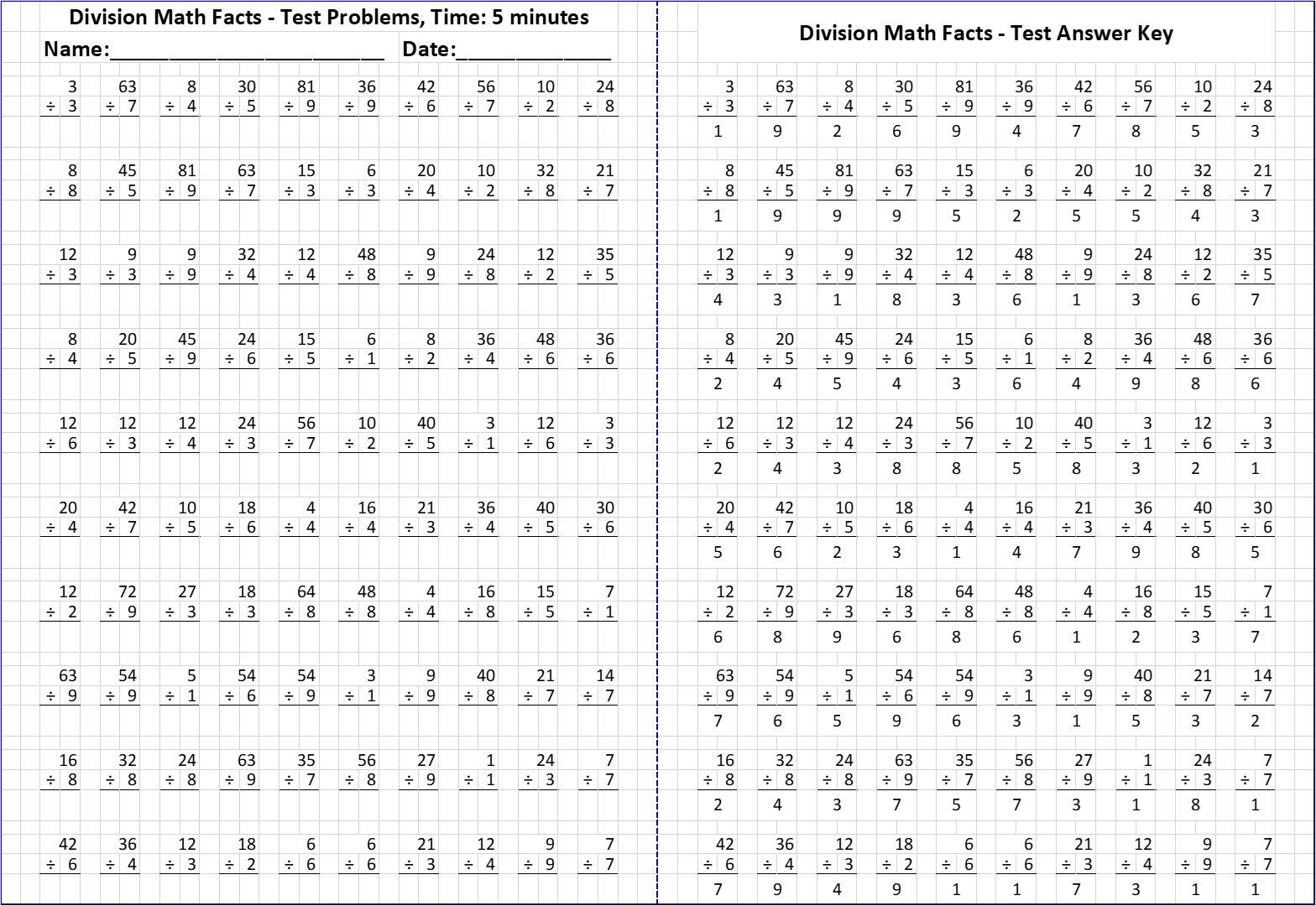 Division Math Facts Timed Test - Etsy