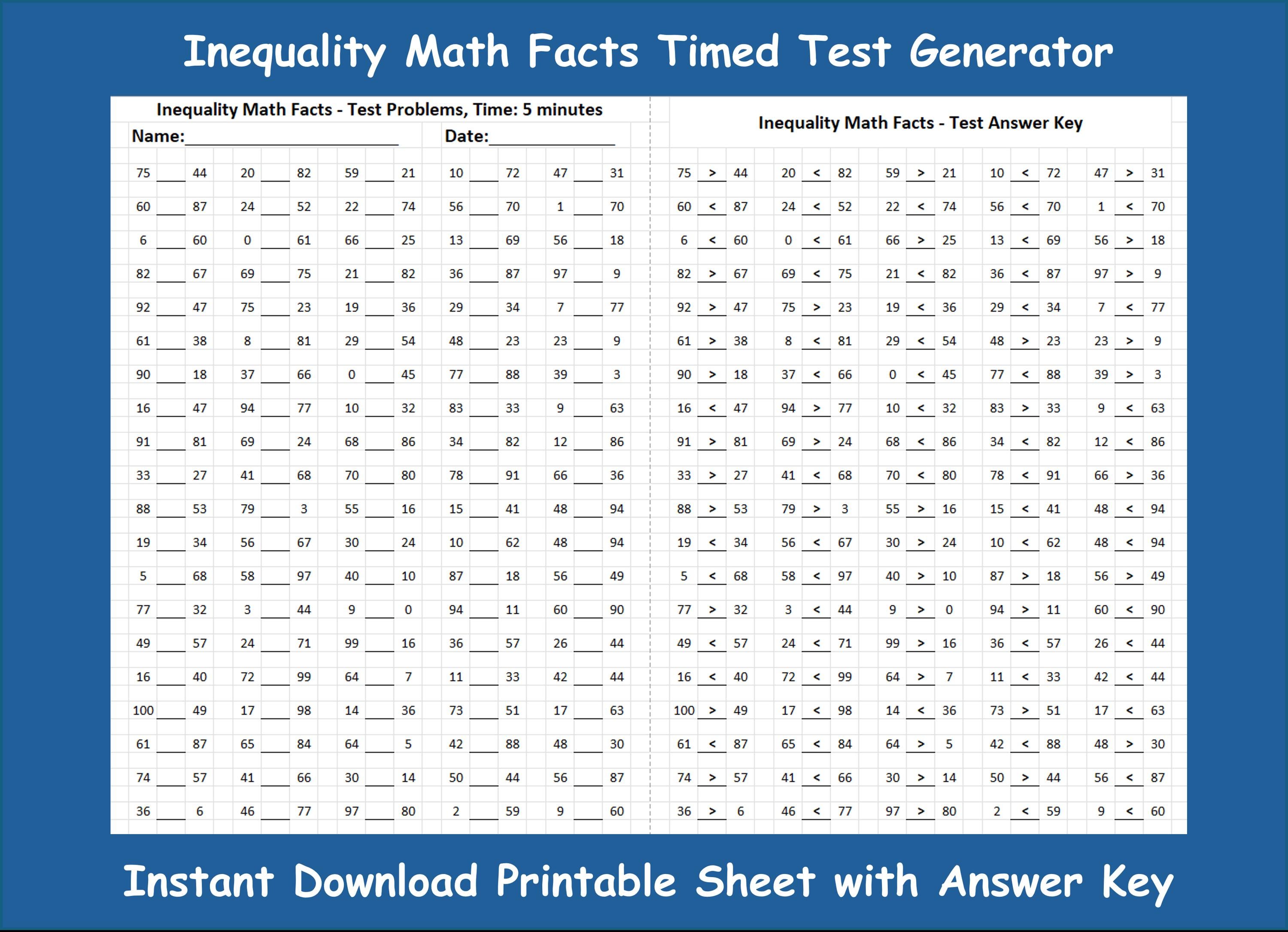 Inequality Math Facts Timed Test - Etsy