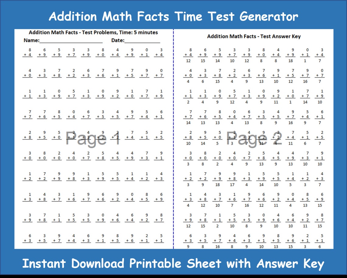 Addition Math Facts Timed Test Etsy Addition Math Facts Timed Test Etsy