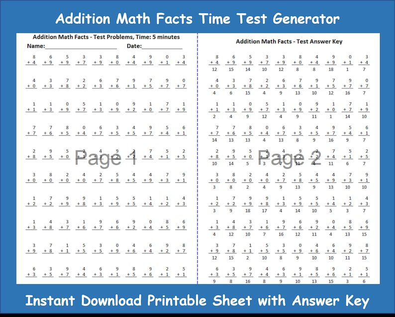 Addition Math Facts Timed Test - Etsy