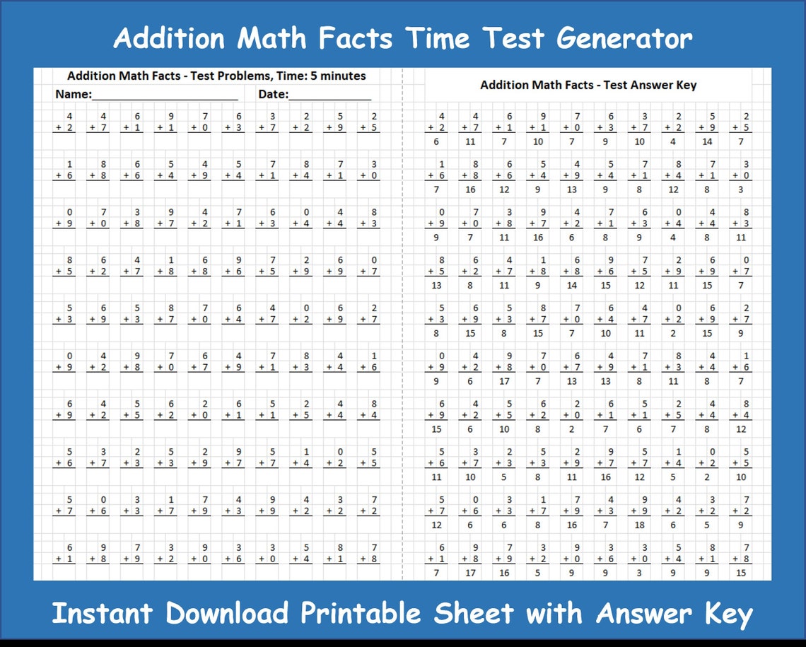 Addition Math Facts Timed Test - Etsy