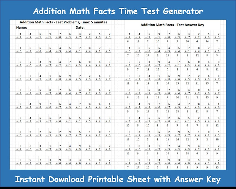 Addition Math Facts Timed Test - Etsy