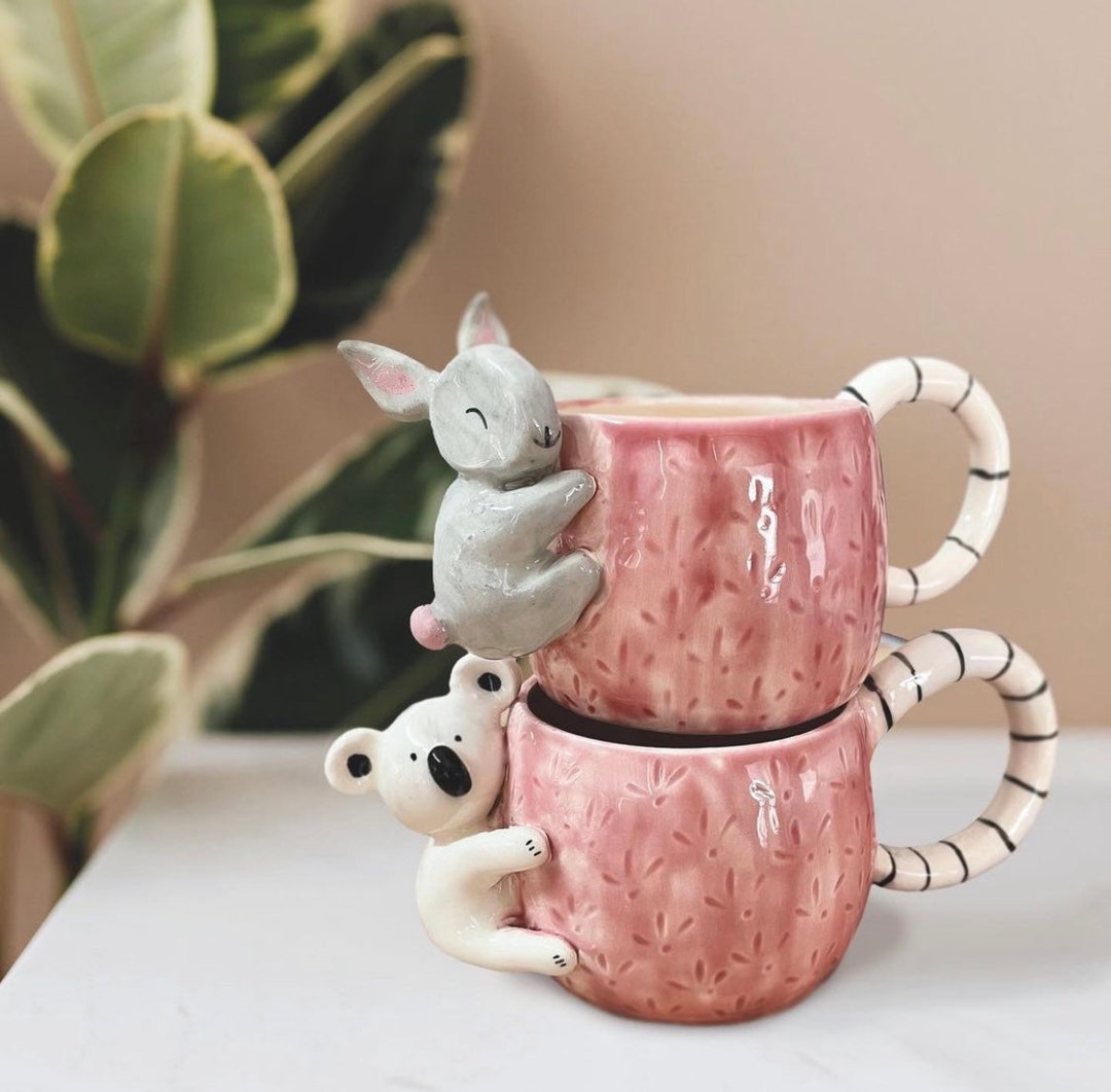 Customizable Rabbit and Koala Pink Mug Set Tea / Coffee, Latte ...