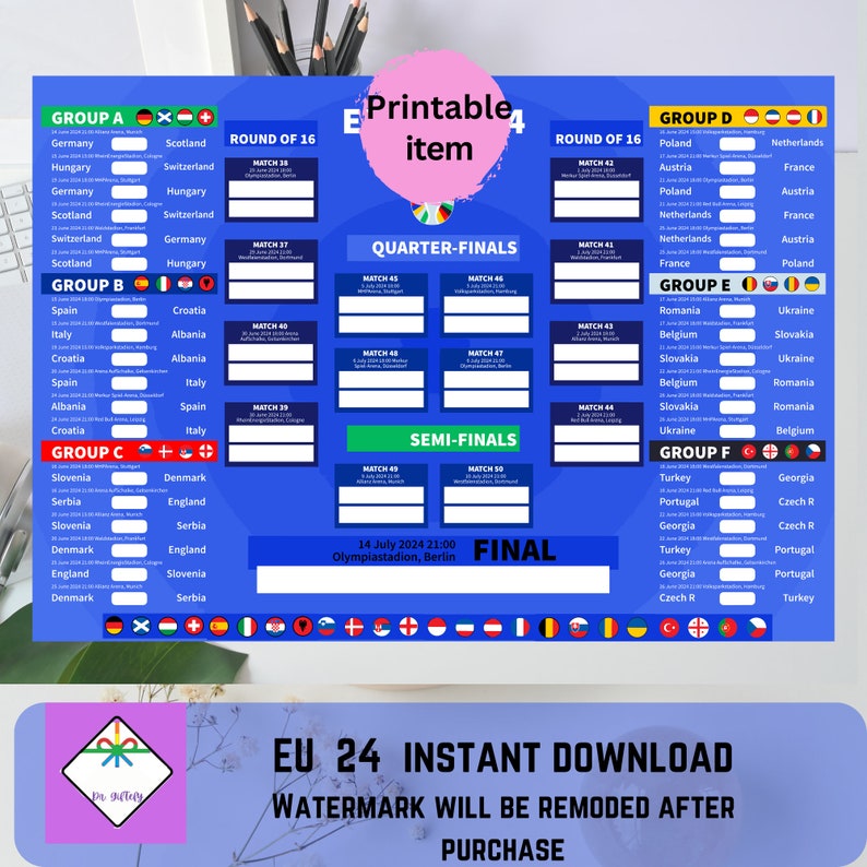 EU Soccer 2024 Wallchart Printable European Championship Digital Download Fixture Download ...