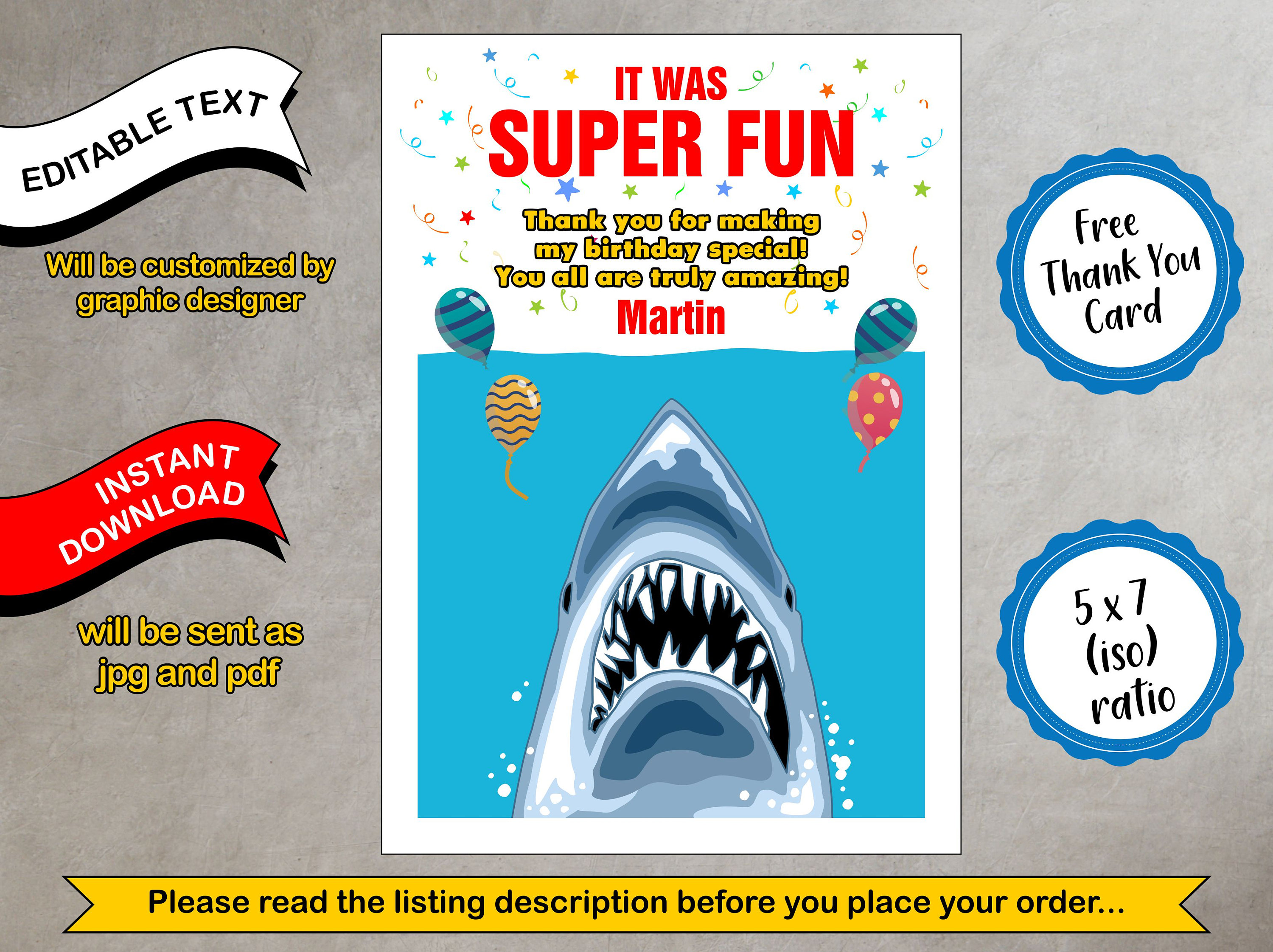 Jaws Birthday Party Personalized Invitation, Free Thank You Card ...