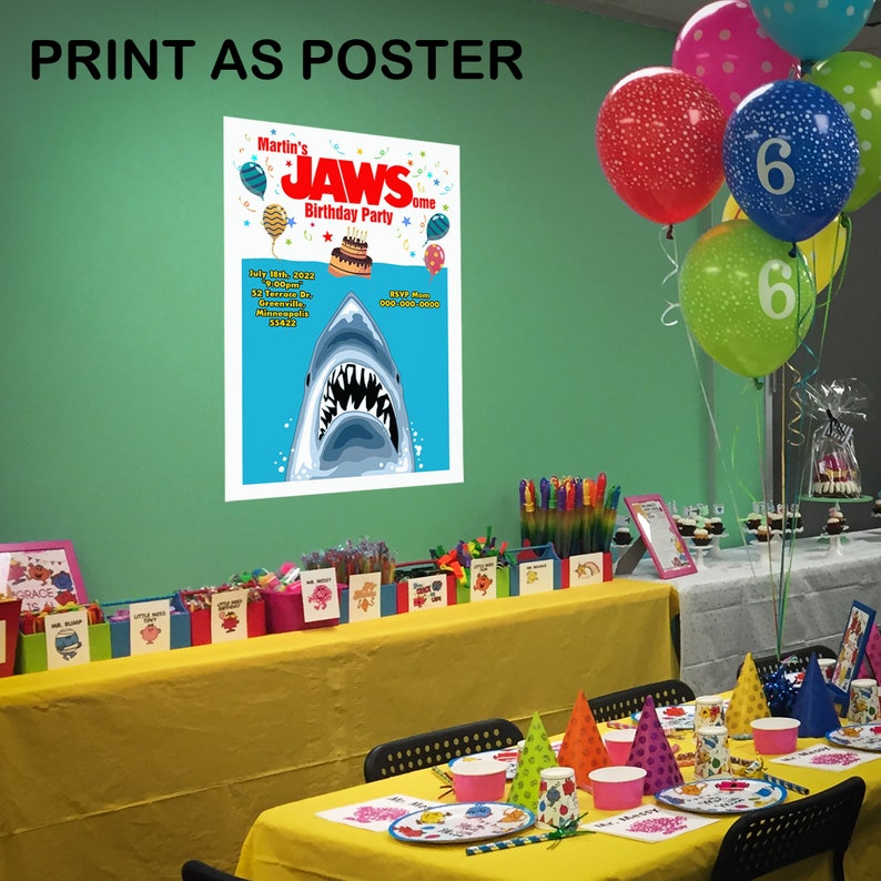 Jaws Birthday Party Personalized Invitation, Free Thank You Card ...