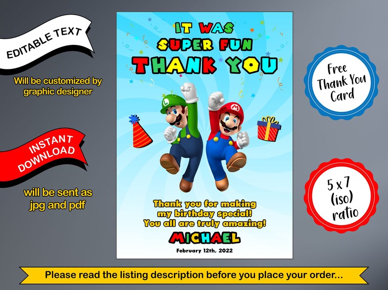 Super Mario Birthday Personalized Invitation, Mario, Birthday Card ...