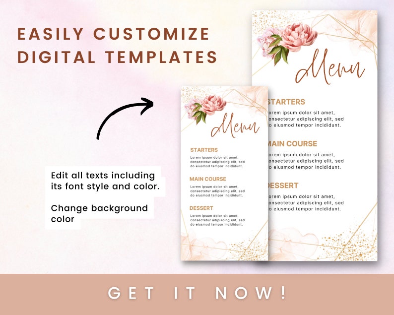 Aurora Blush Pink Wedding Menu Template 4x8: Pink Floral Menu Editable ...