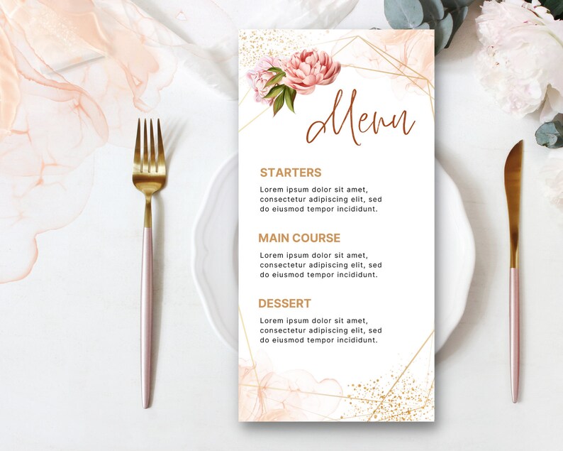 Aurora Blush Pink Wedding Menu Template 4x8: Pink Floral Menu Editable ...