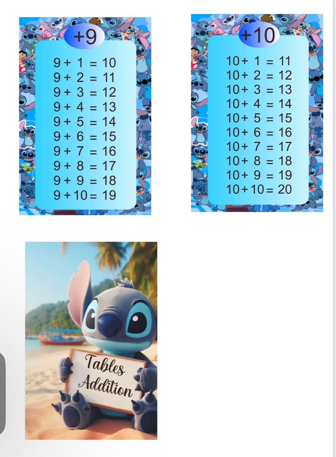 Addition Tables for STITCH Keychains From 1 to 10 Math to Print PDF - Etsy