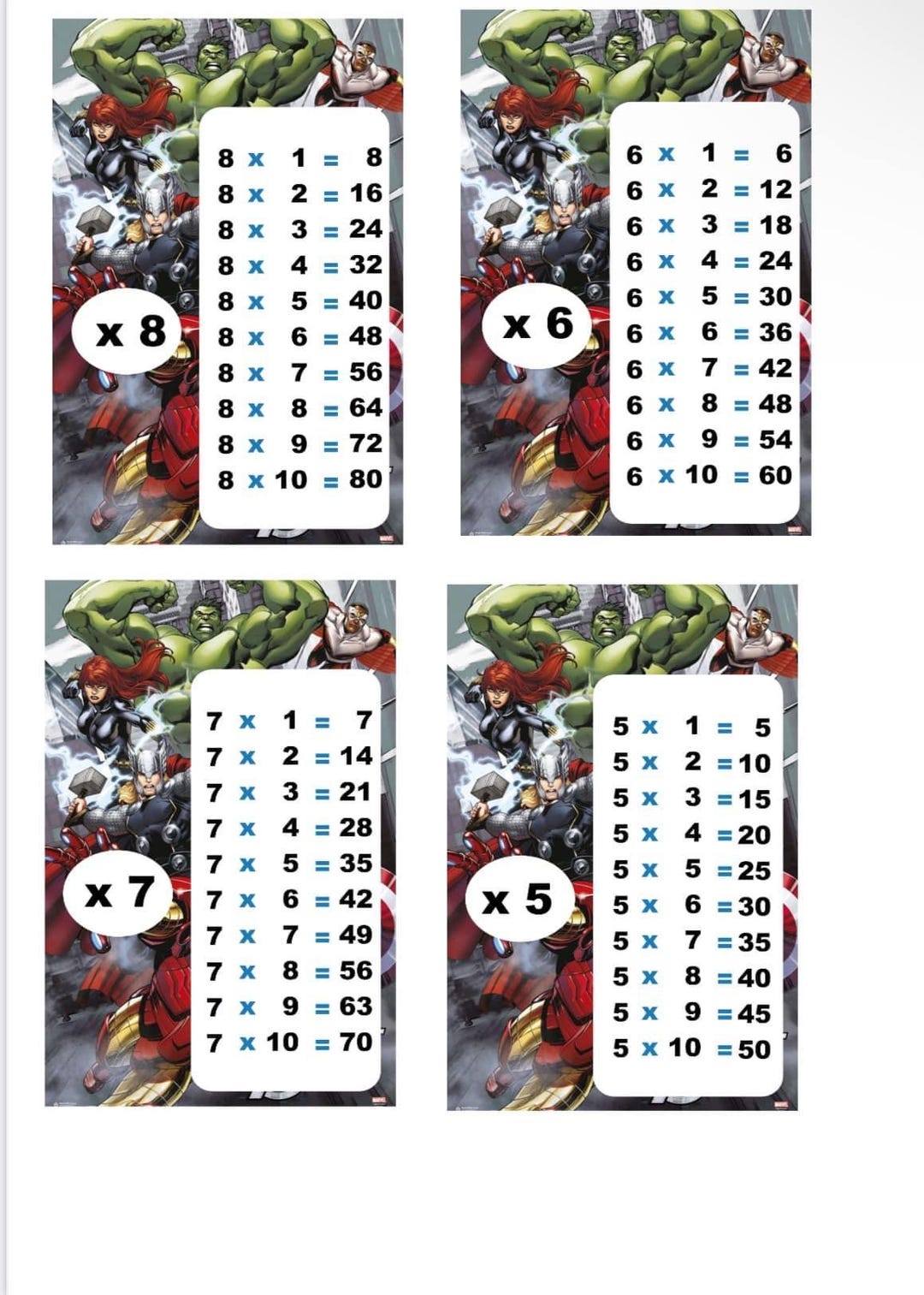 Multiplication Tables for Printable Avengers Math Keychains PDF - Etsy