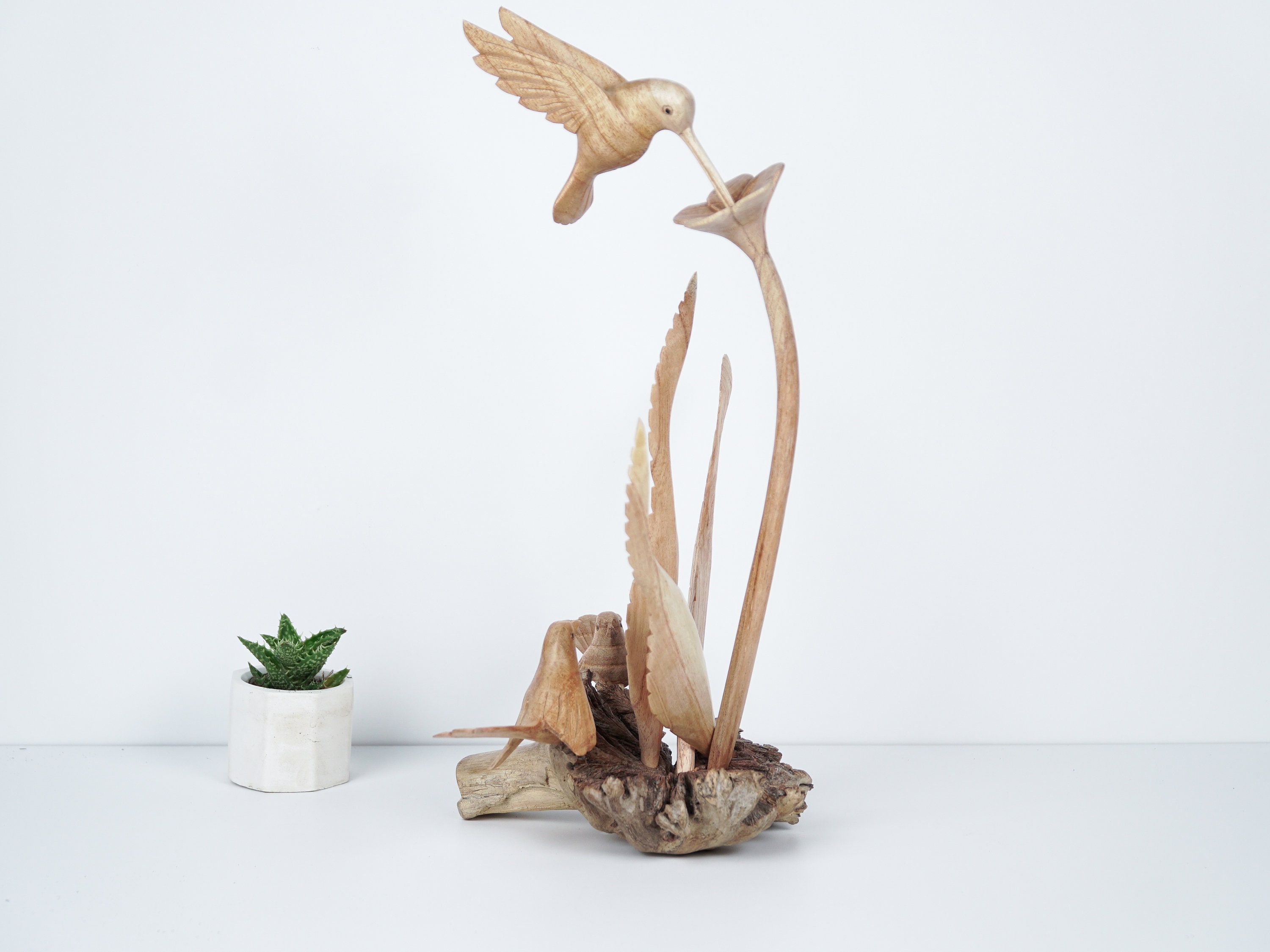 Wooden Flower and Hummingbird Sculpture 9.8 Inch 30 Cm, Handmade ...
