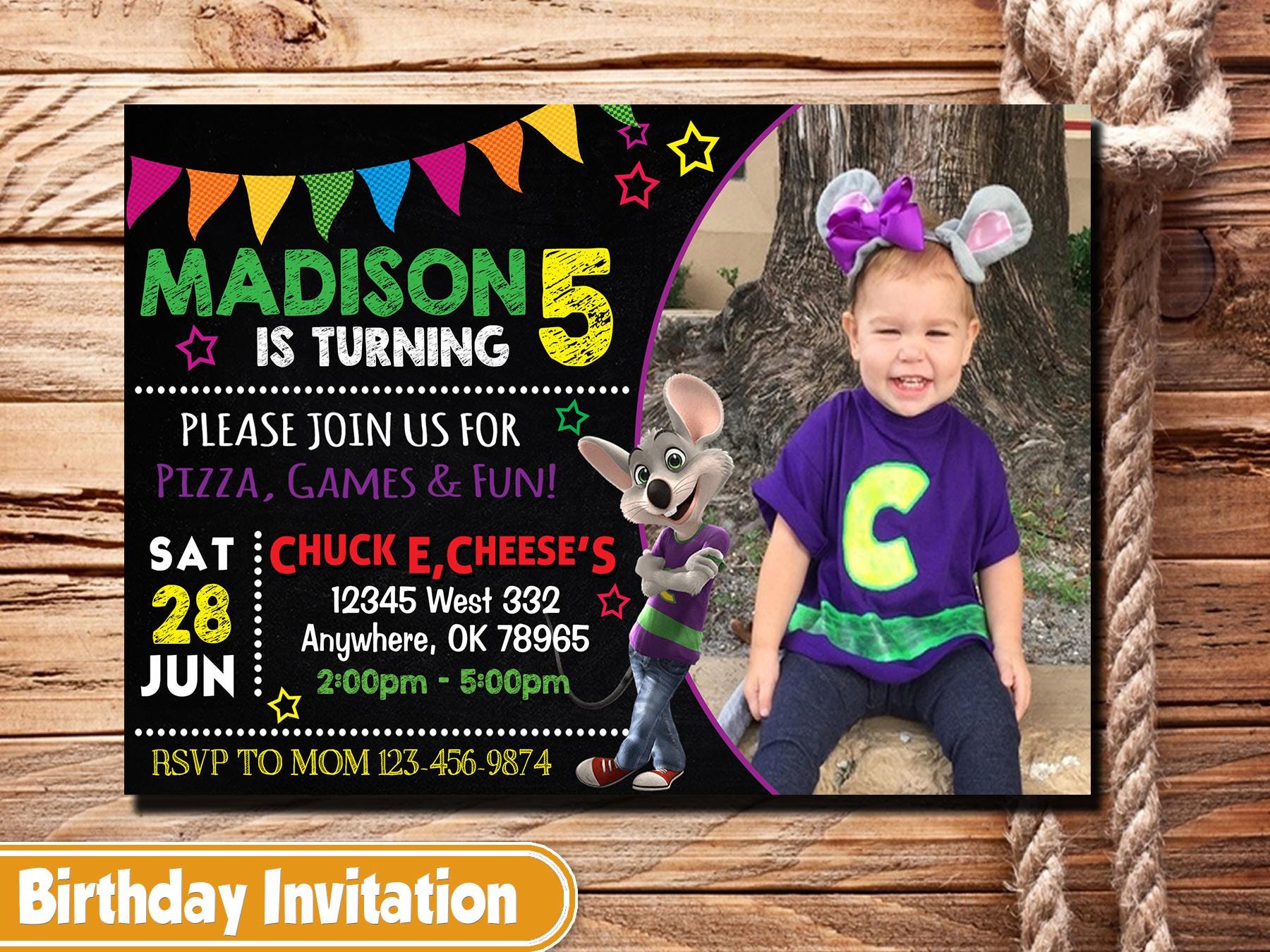 Printable Chuck E Cheese Birthday Party Invitation With Photo ...