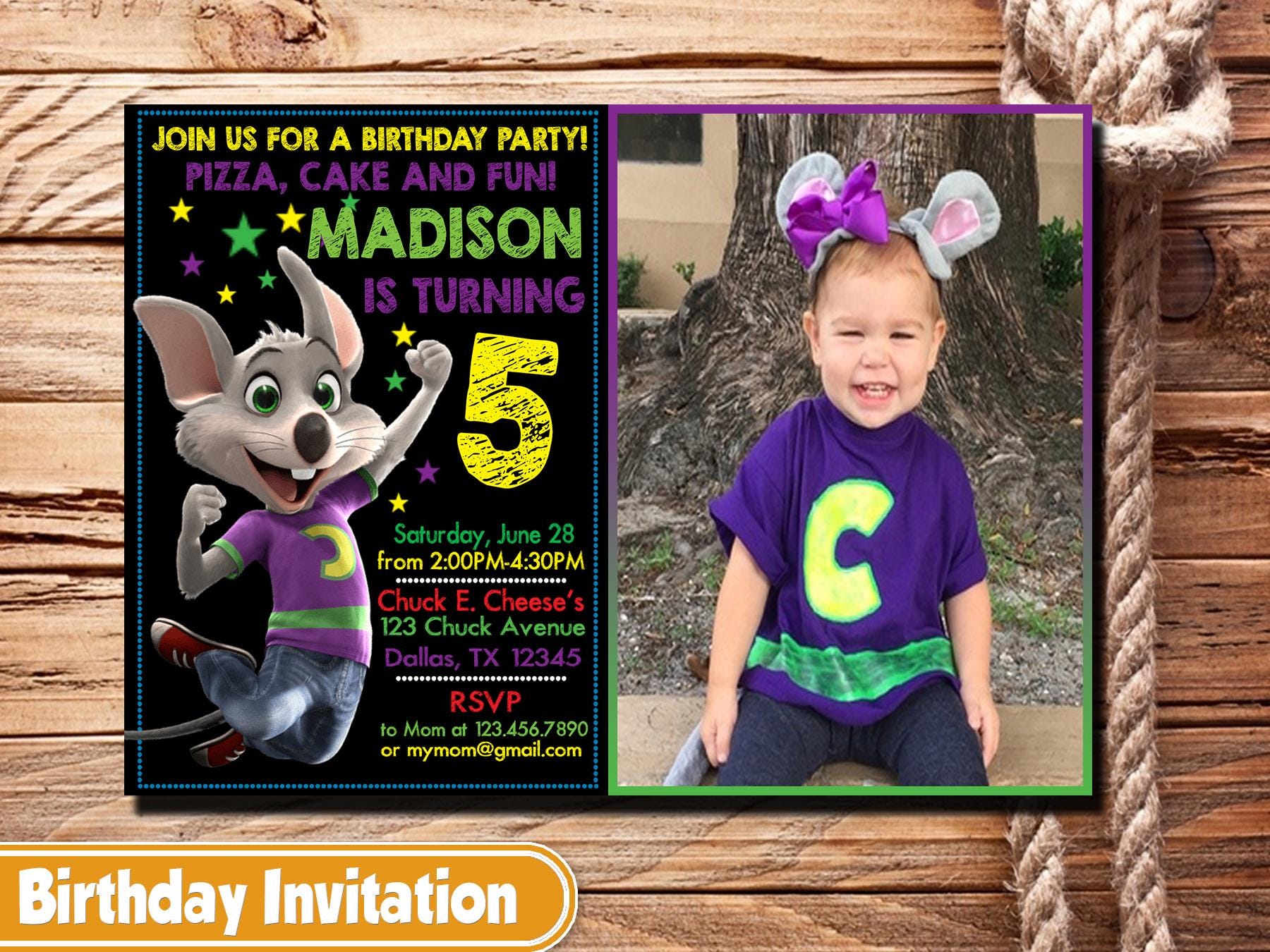 Printable Chuck E Cheese Birthday Party Invitation With Photo ...