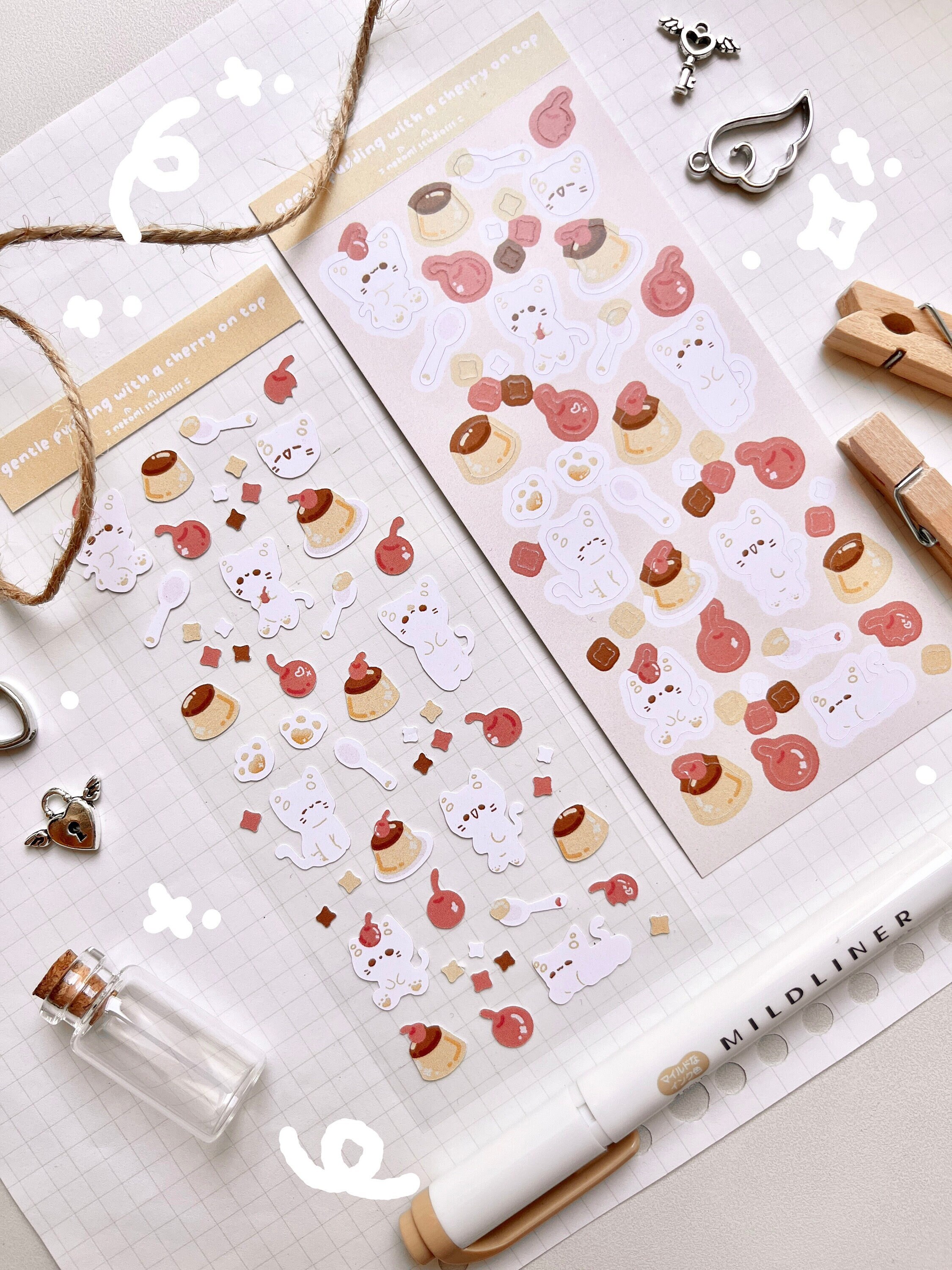 Cute Aesthetic Pastel Korean Pudding Cherry Cat Sticker Sheet Snacks ...