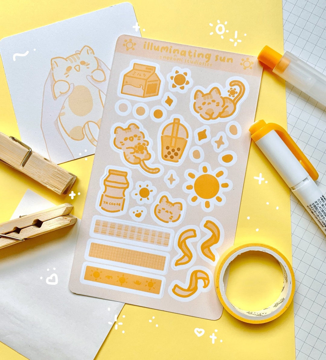 Yellow Aesthetic Illuminating Sun Kawaii Cute Cats Weather Sticker ...