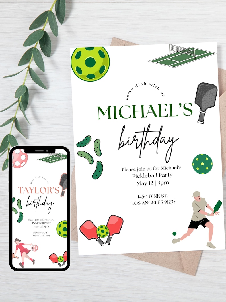 Editable Pickleball Party Invitation | Modern Pickleball Birthday Invite | Minimalist Hunter ...