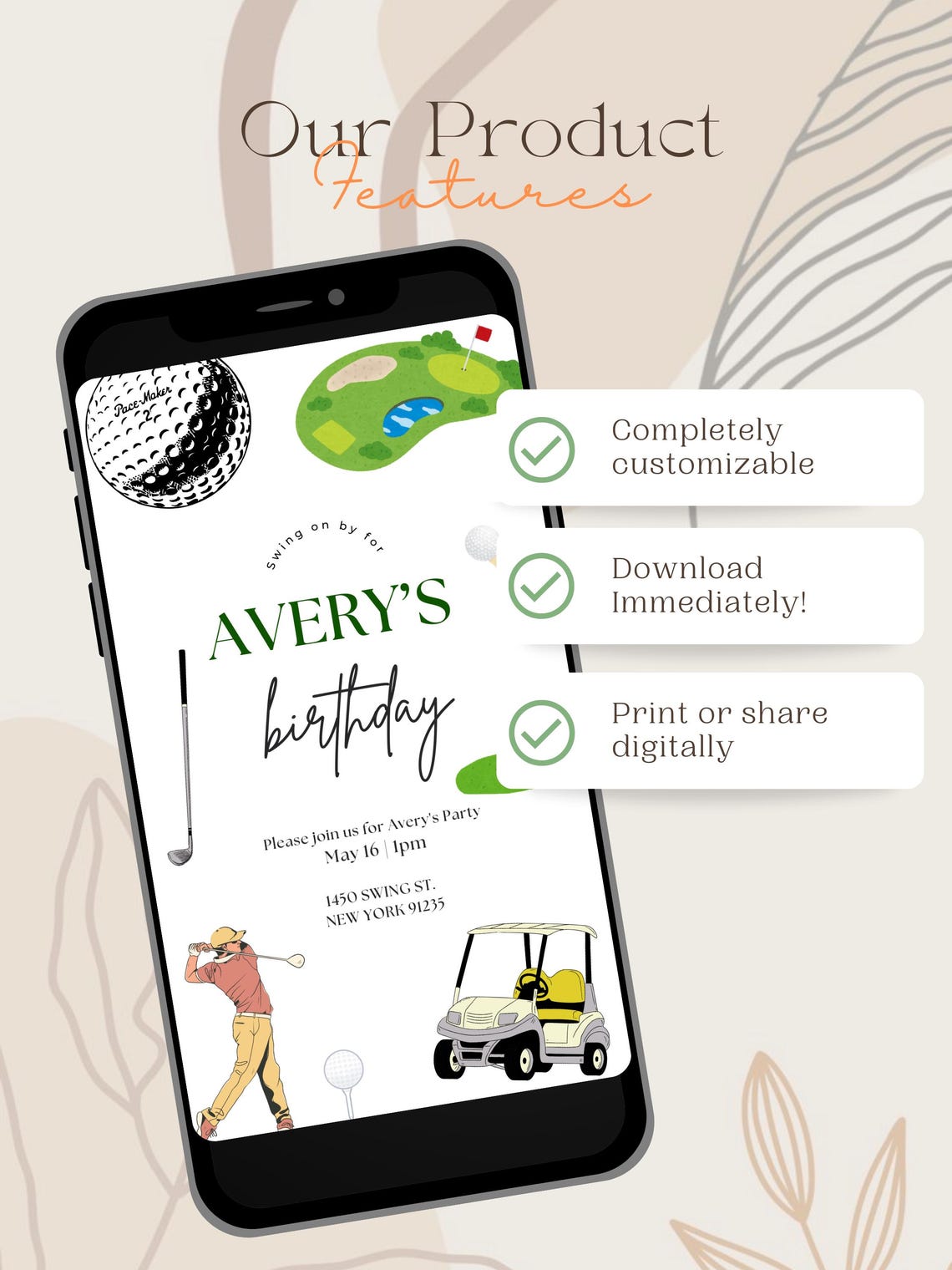 Modern Hunter Green Golf Theme Birthday Invite | Aesthetic Editable ...