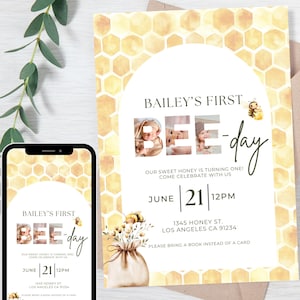 First Bee Day Invitation | Editable 1st Birthday Bumble Bee Party ...