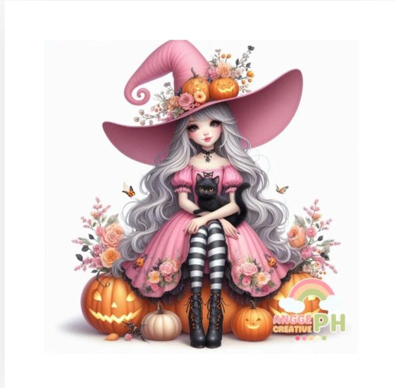 Pastel Witch Clipart Set | Halloween Girl, Cat & Pumpkins (digital ...