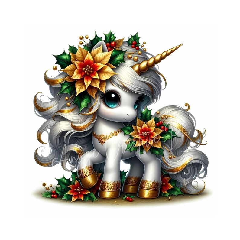 Christmas Unicorn Clipart | Poinsettia Holiday Jpegs (digital Download ...