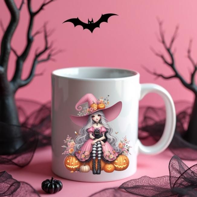 Pastel Witch Clipart Set | Halloween Girl, Cat & Pumpkins (digital ...